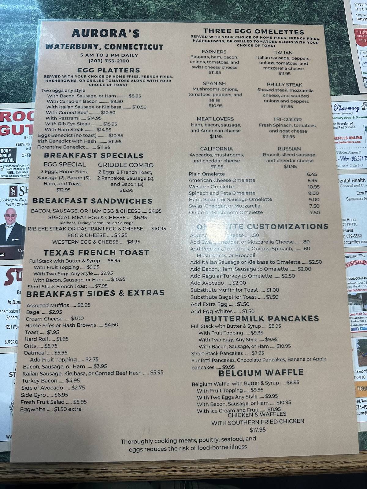 Menu at Aurora Diner restaurant, Waterbury