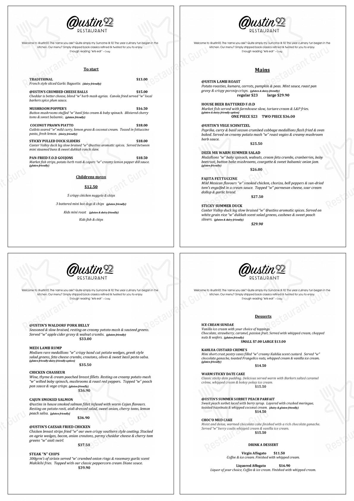 Menu at Austin 92 Restaurant, Temuka