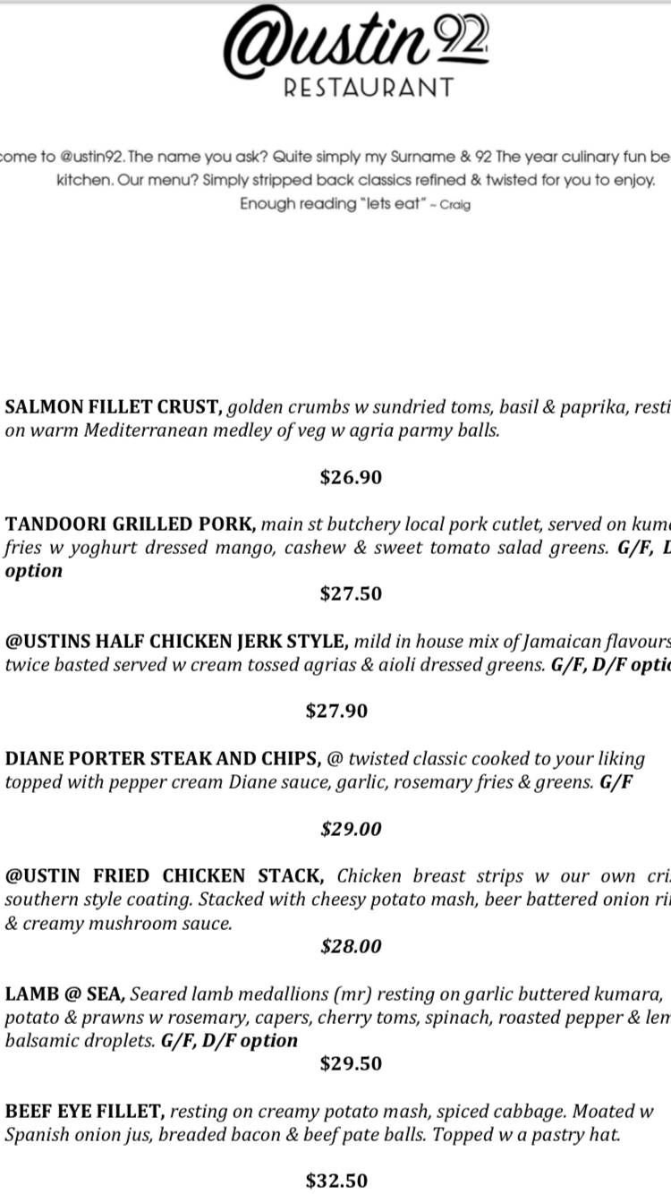 Menu at Austin 92 Restaurant, Temuka