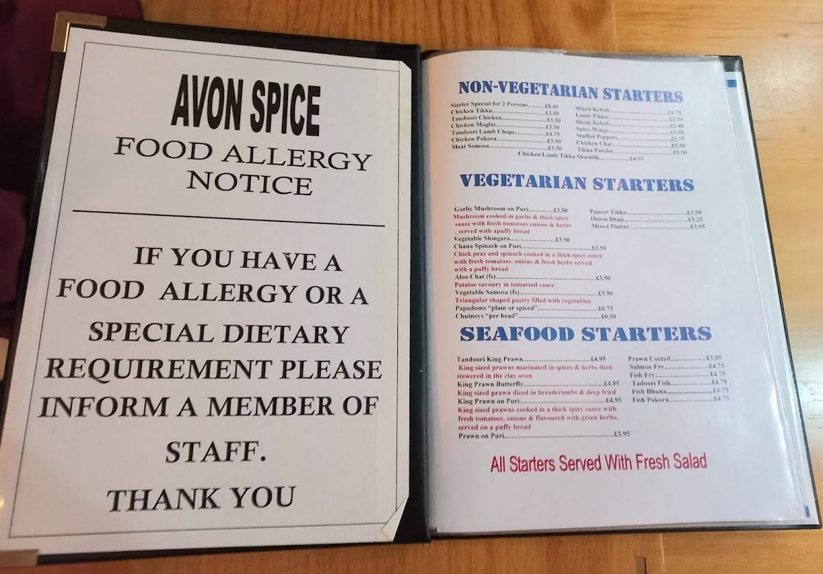 Menu at Avon Spice restaurant, Stratford-upon-Avon, 7 Greenhill St