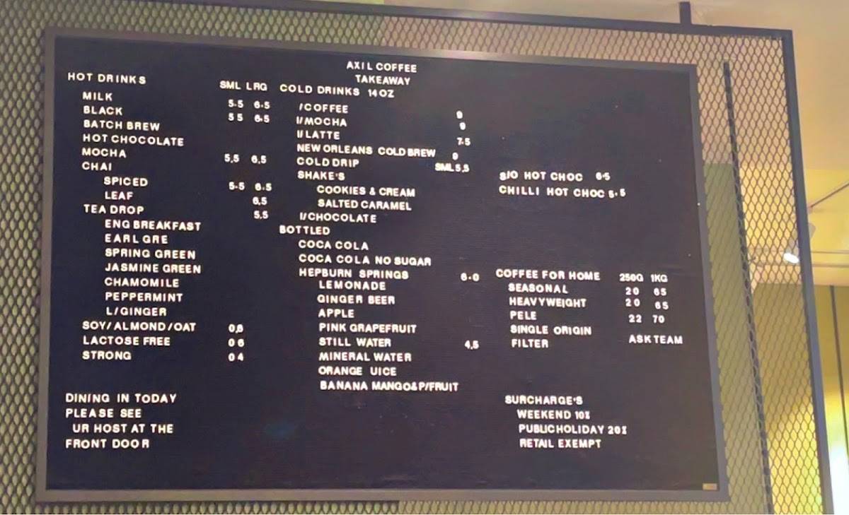 Menu at Axil cafe, Malvern East