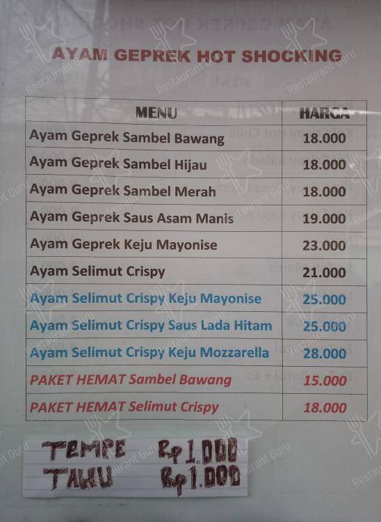 Menu at Ayam Geprek Hot Shocking restaurant, East Jakarta, QWH4+GCG