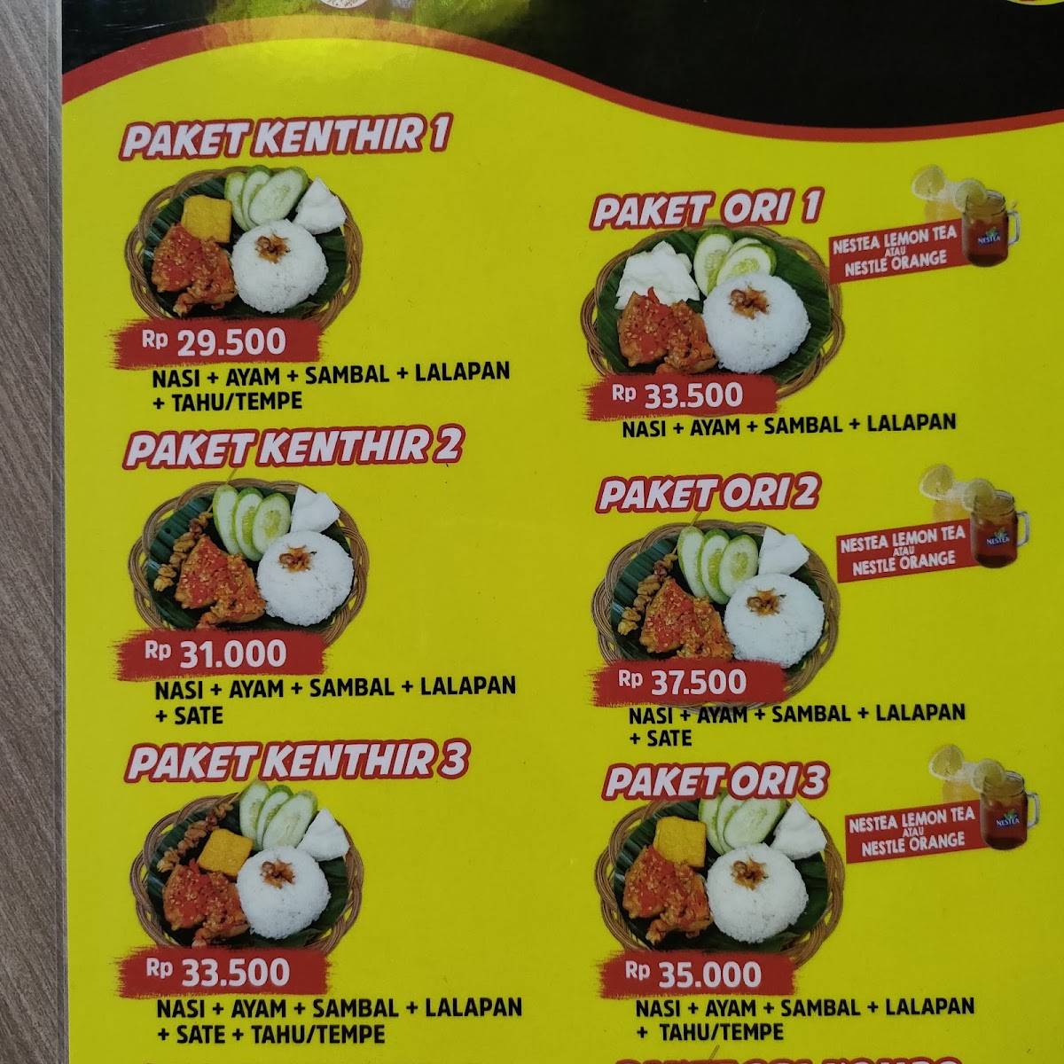 Menu at Ayam Gepuk Pak Gembus Tugu Muda restaurant, Semarang