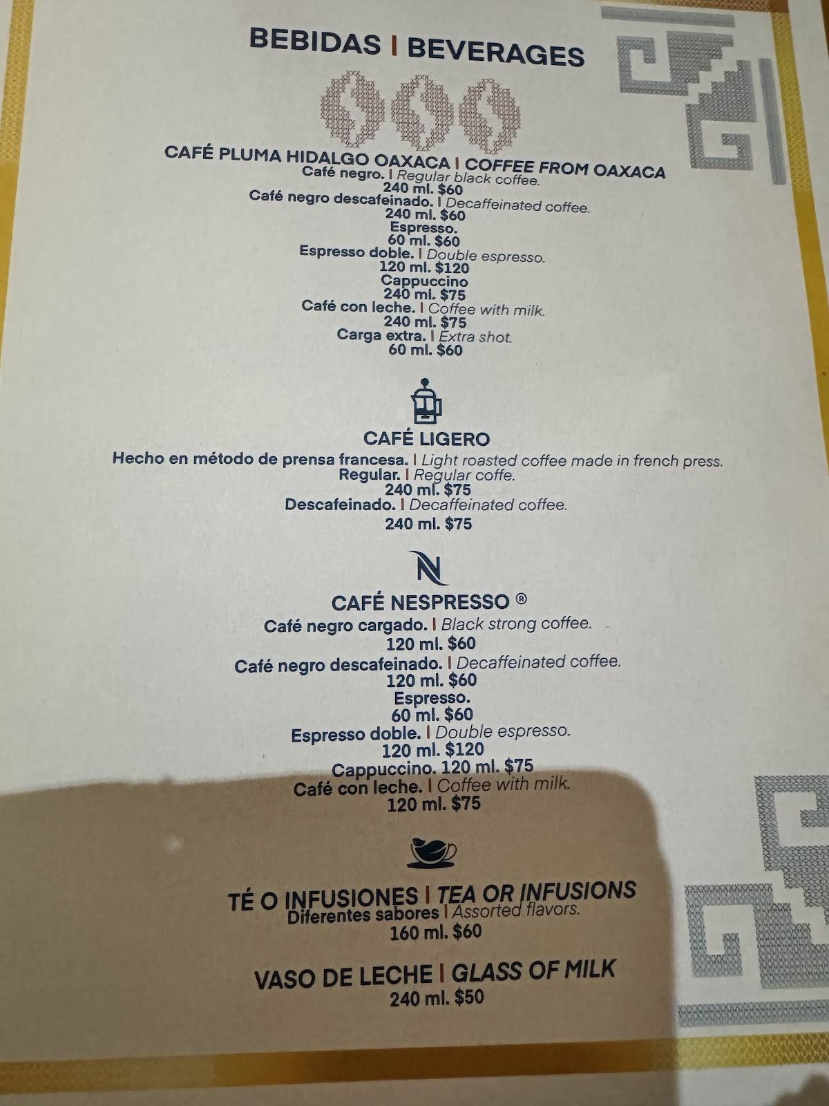 Carta del restaurante Azul Histórico, Ciudad del México