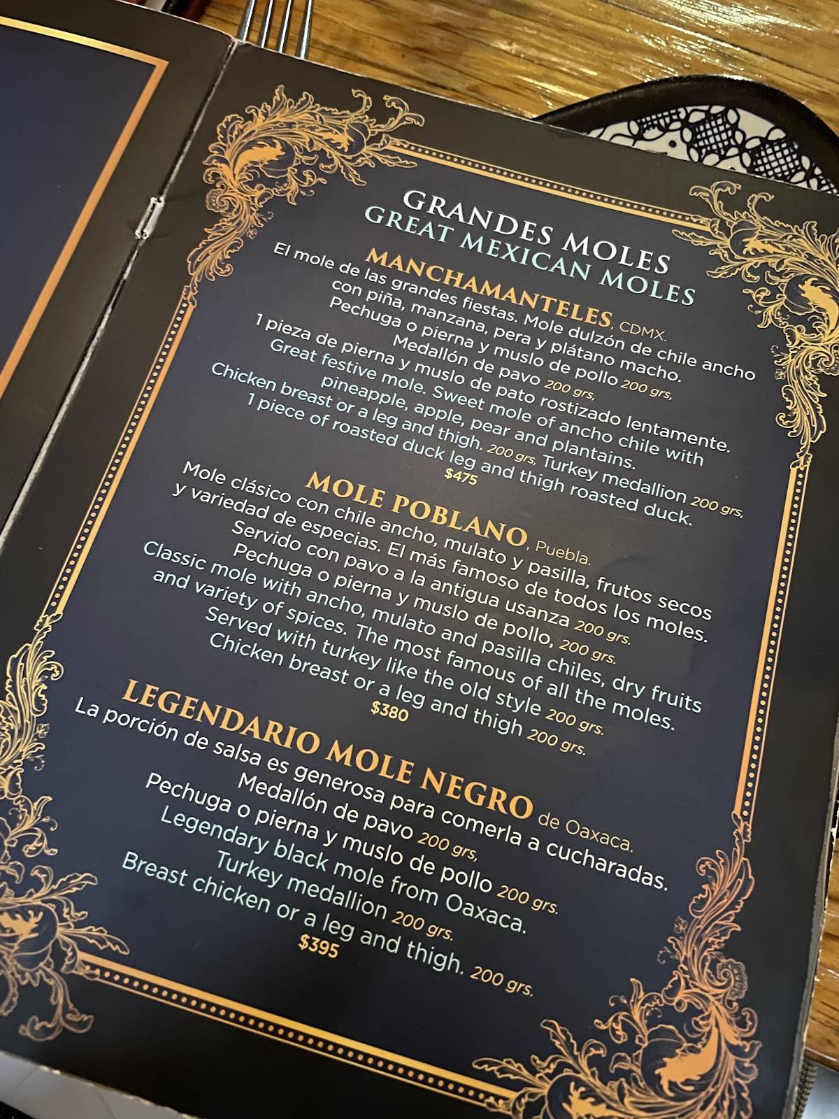 Carta del restaurante Azul Histórico, Ciudad del México