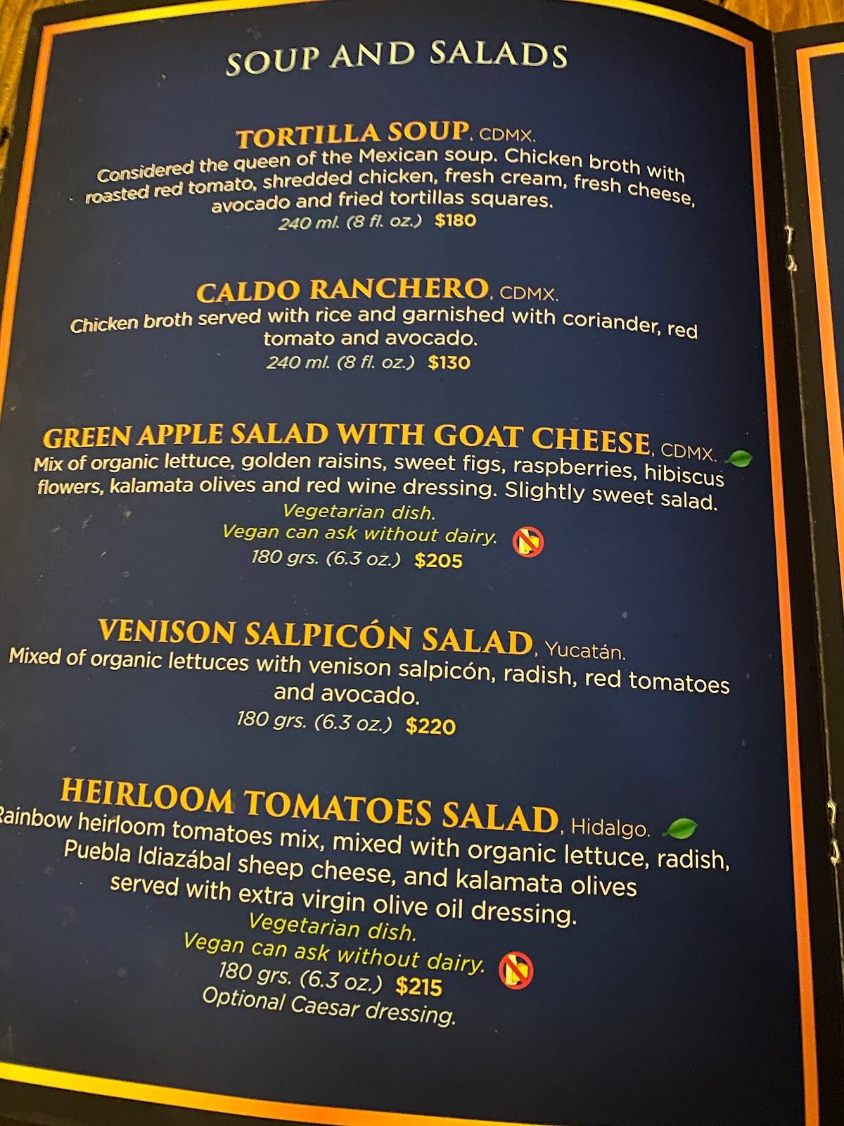 Carta del restaurante Azul Histórico, Ciudad del México
