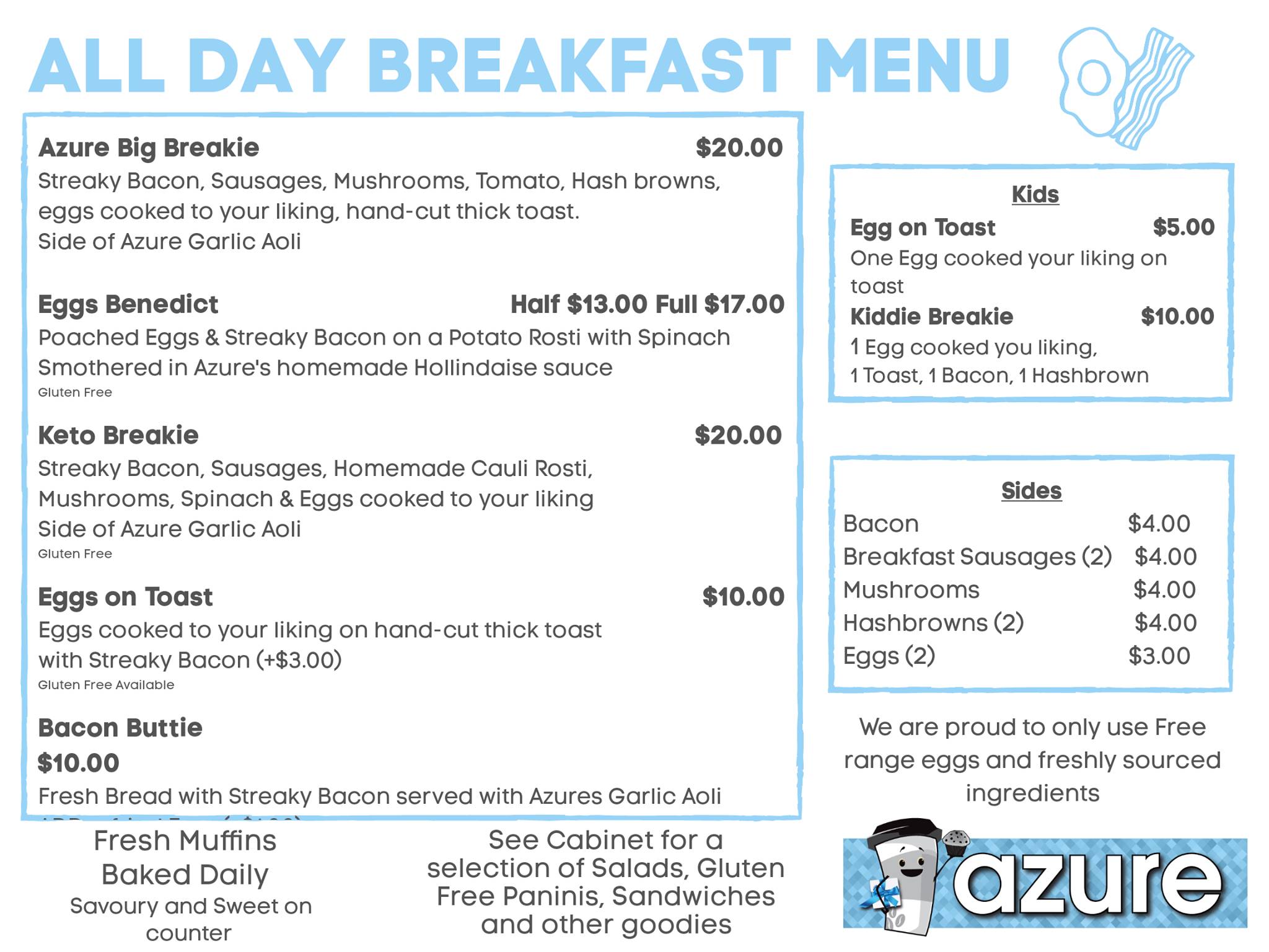 Menu at Azure cafe, Stratford