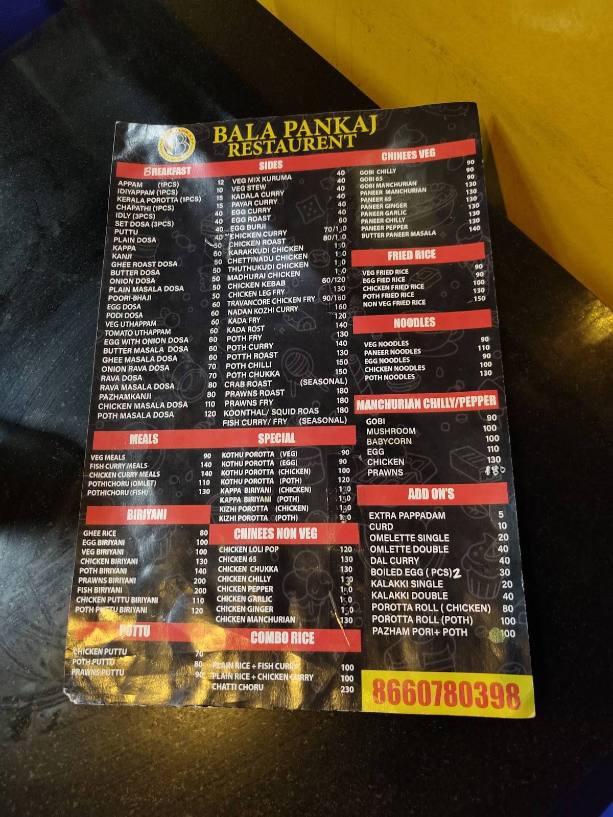 Menu at BALA PANKAJ KERALA RESTAURANT, Bengaluru