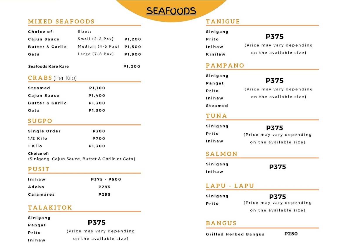 Menu at BALANGA SEAFOODS RESTAURANT PILILLA, RIZAL, Pililla