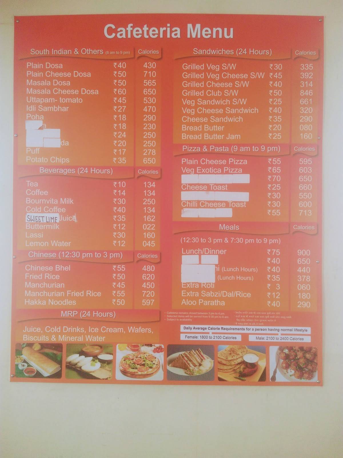 Menu at BAPS Hospital Canteen, Ahmedabad