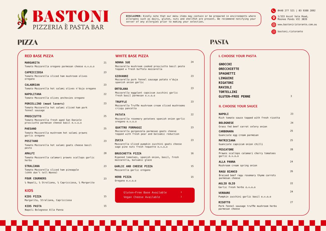 Menu at BASTONI restaurant, Moonee Ponds
