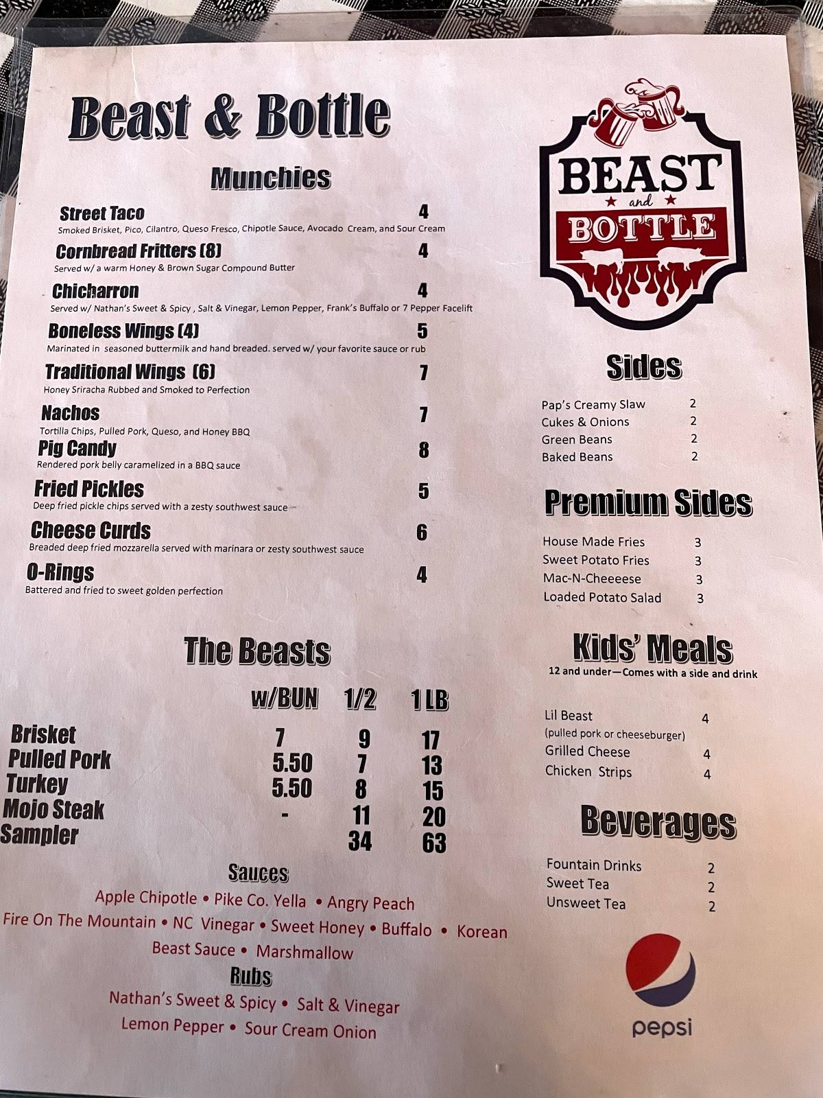 Menu at Beast and Bottle BBQ, Waverly