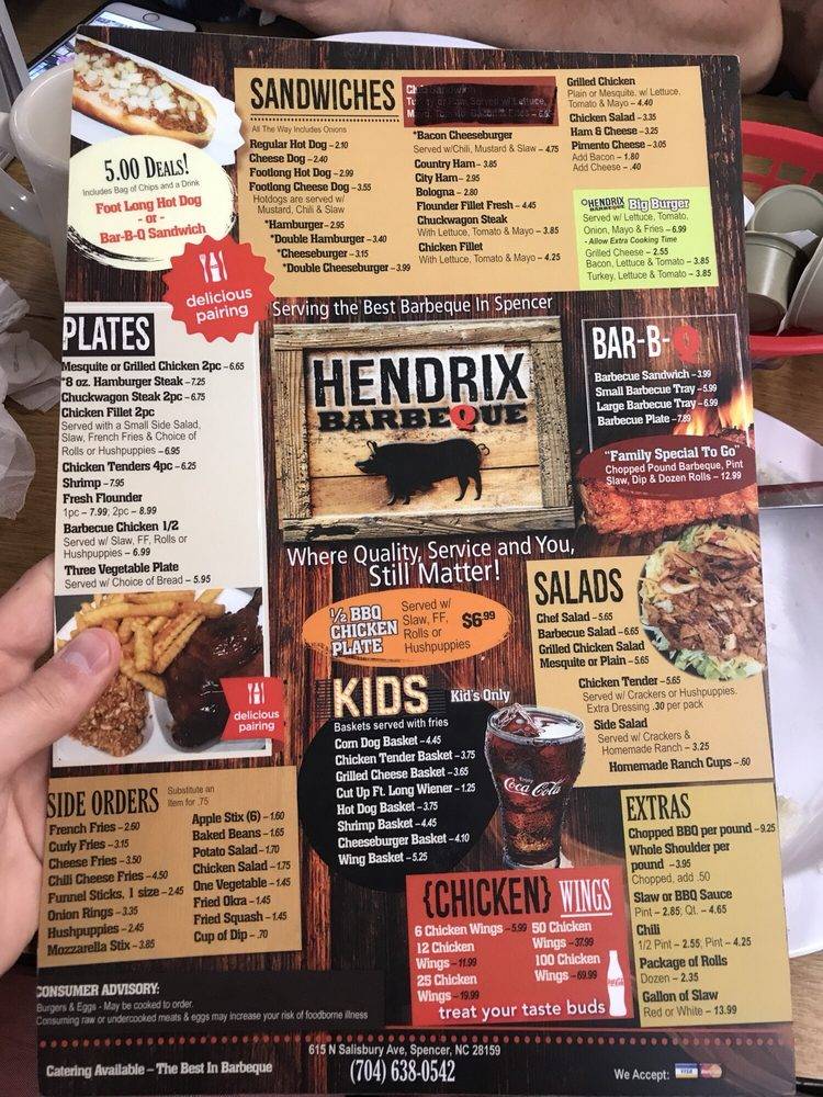 Menu at Hendrix Barbecue, Spencer, 615 Salisbury Ave