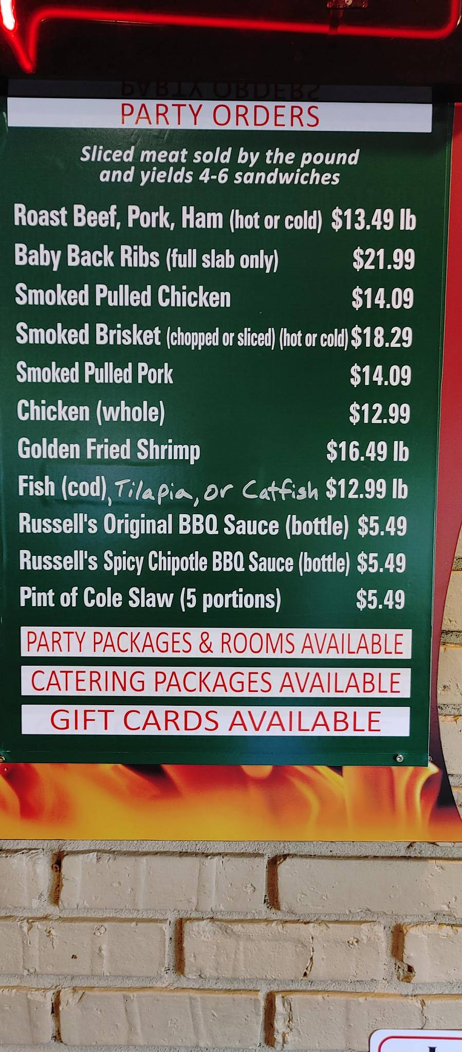 Menu at Russell's Barbecue, Elmwood Park, Thatcher Ave