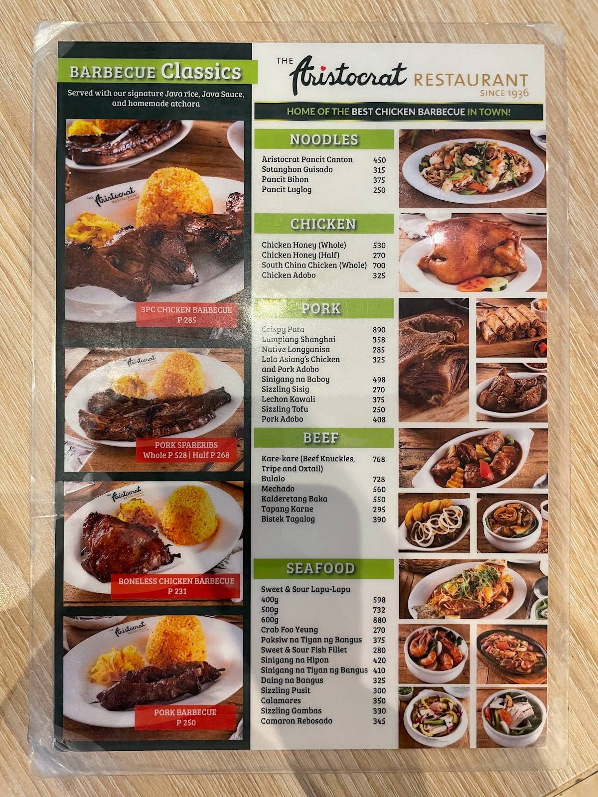 Menu at The Aristocrat Restaurant, Manila, 1004 San Andres St