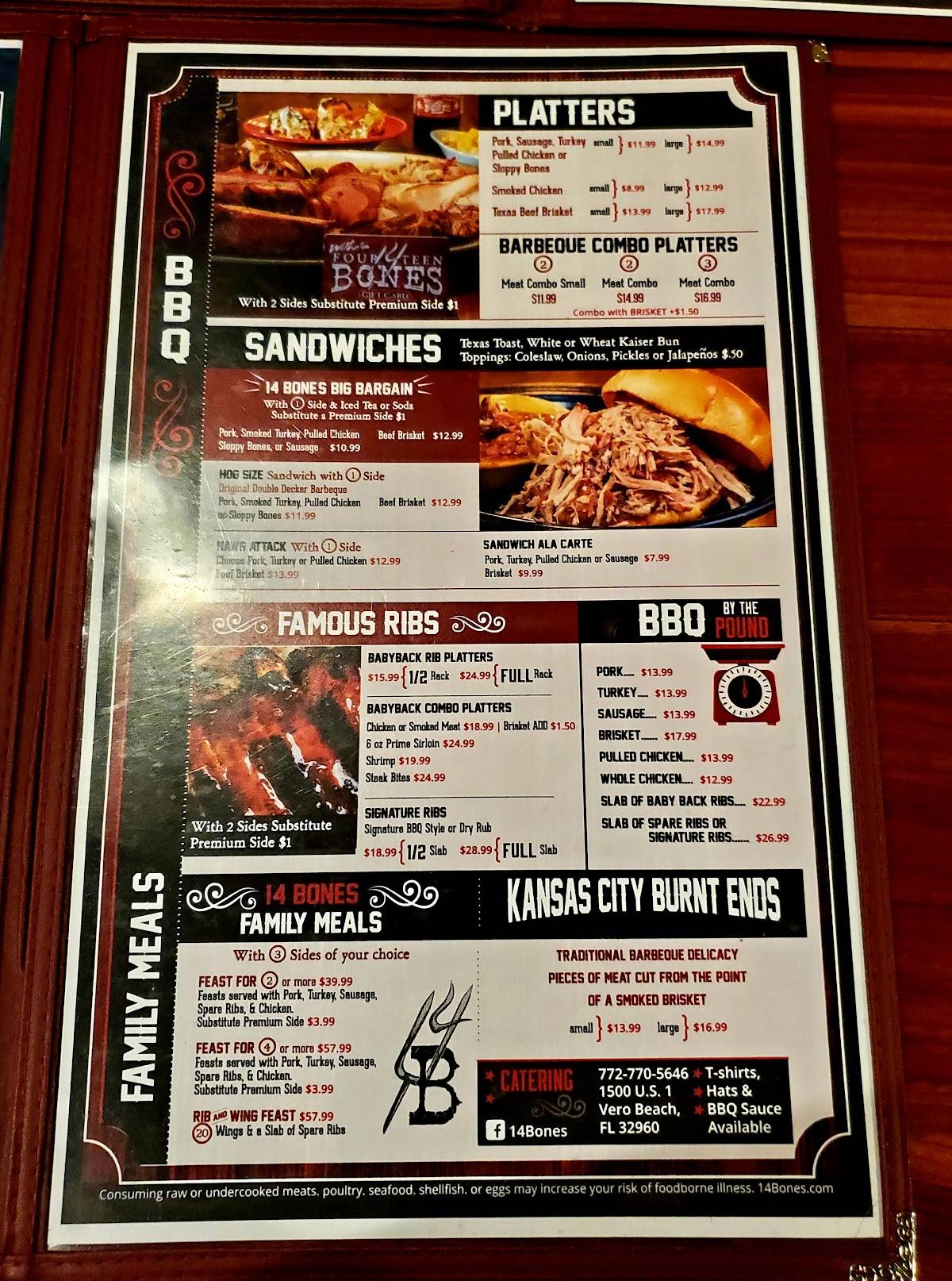 Menu at Wilke's 14 Bones BBQ, Vero Beach