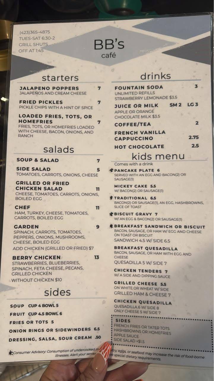 Menu at BB’s Cafe, Spring City