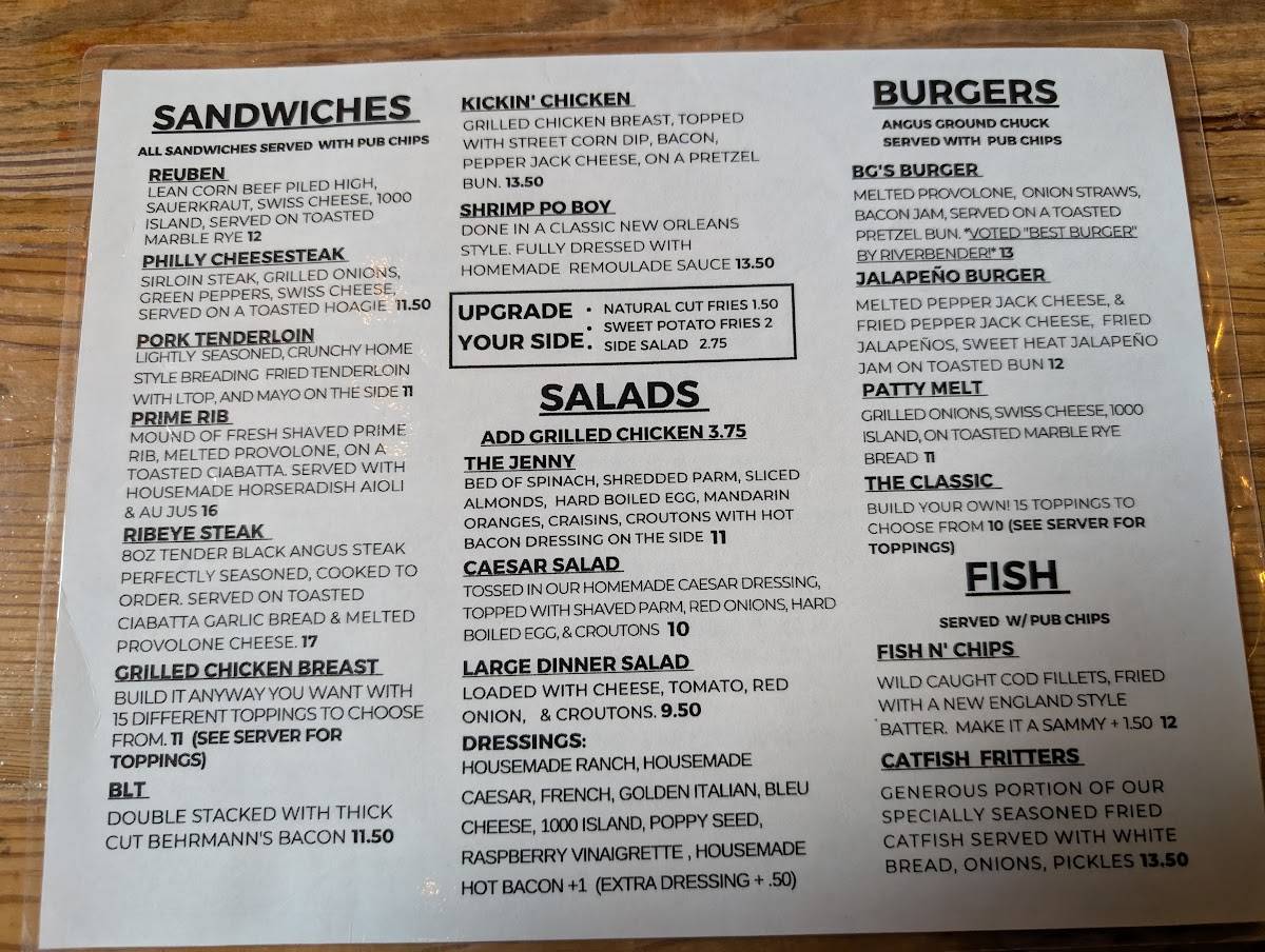 Menu at BG's Grub & Pub, Bunker Hill