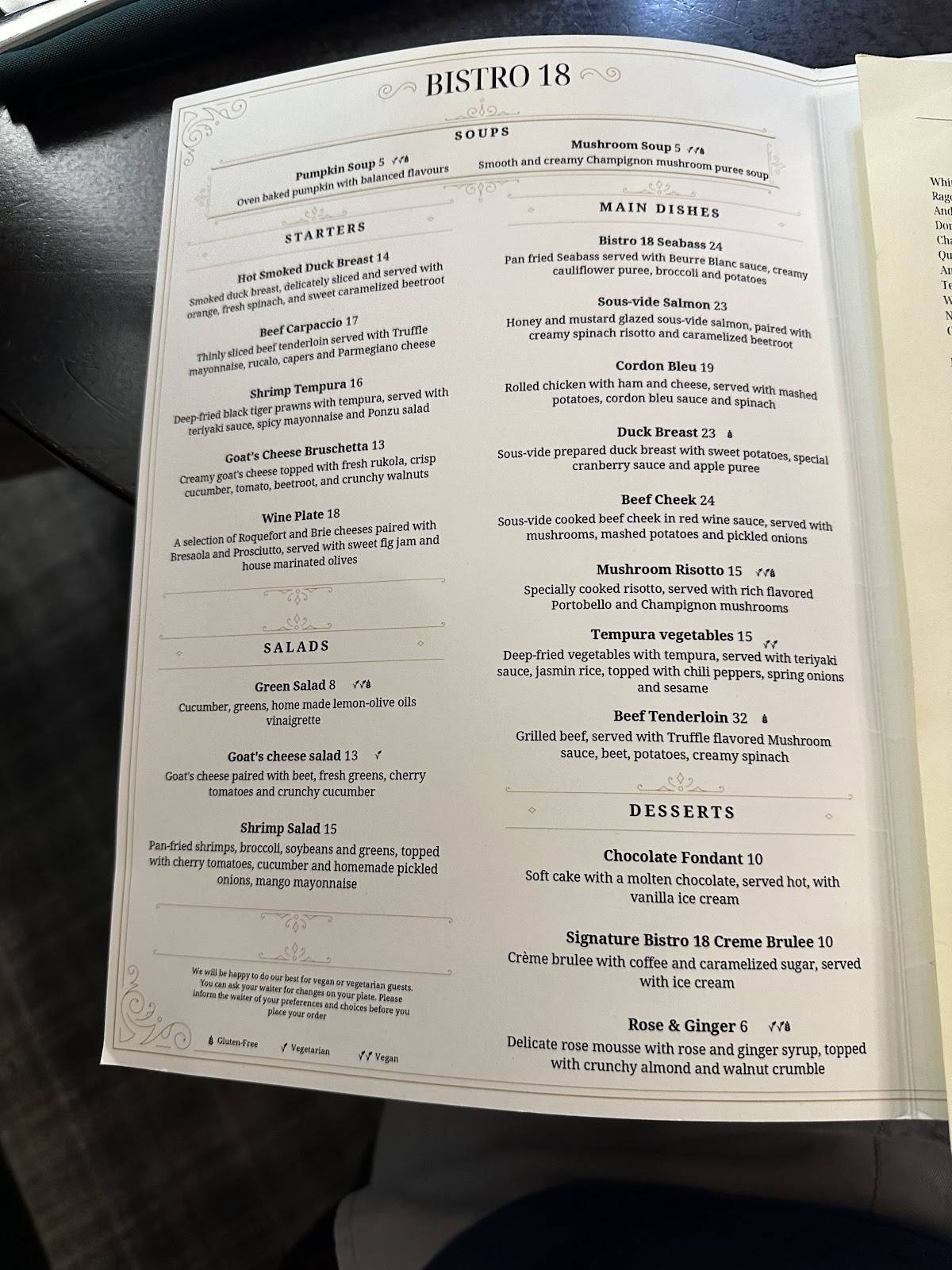 Menu at BISTRO 18 restaurant, Vilnius