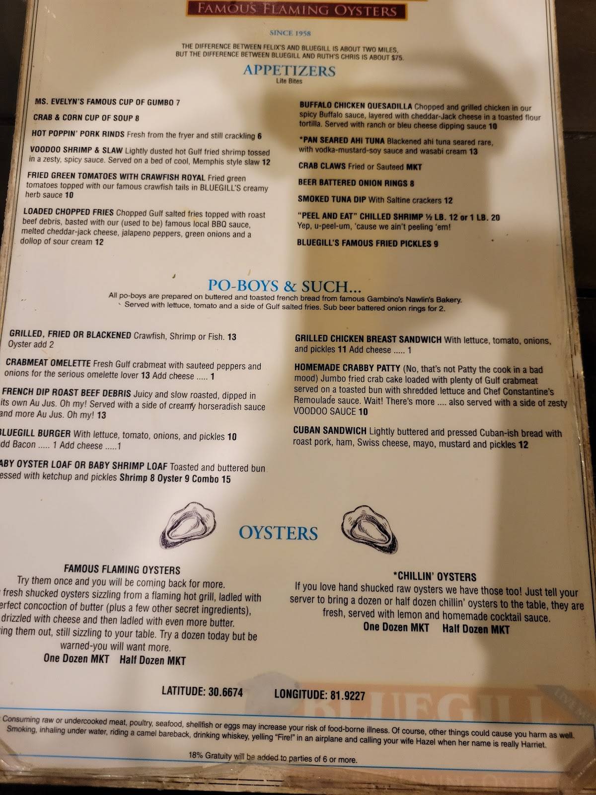 Menu at BLUEGILL Restaurant, Spanish Fort