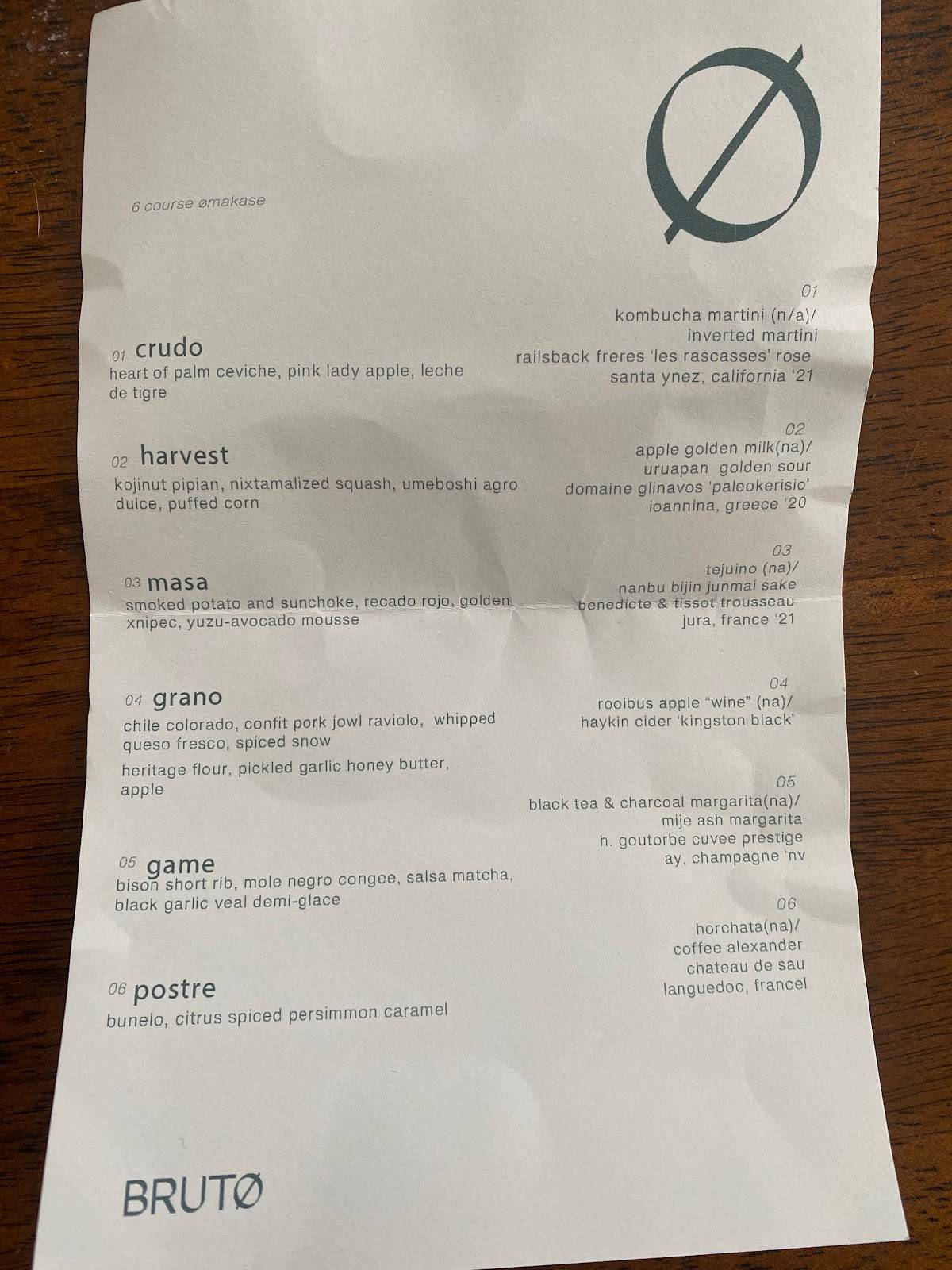 Menu at BRUTO cafe, Denver