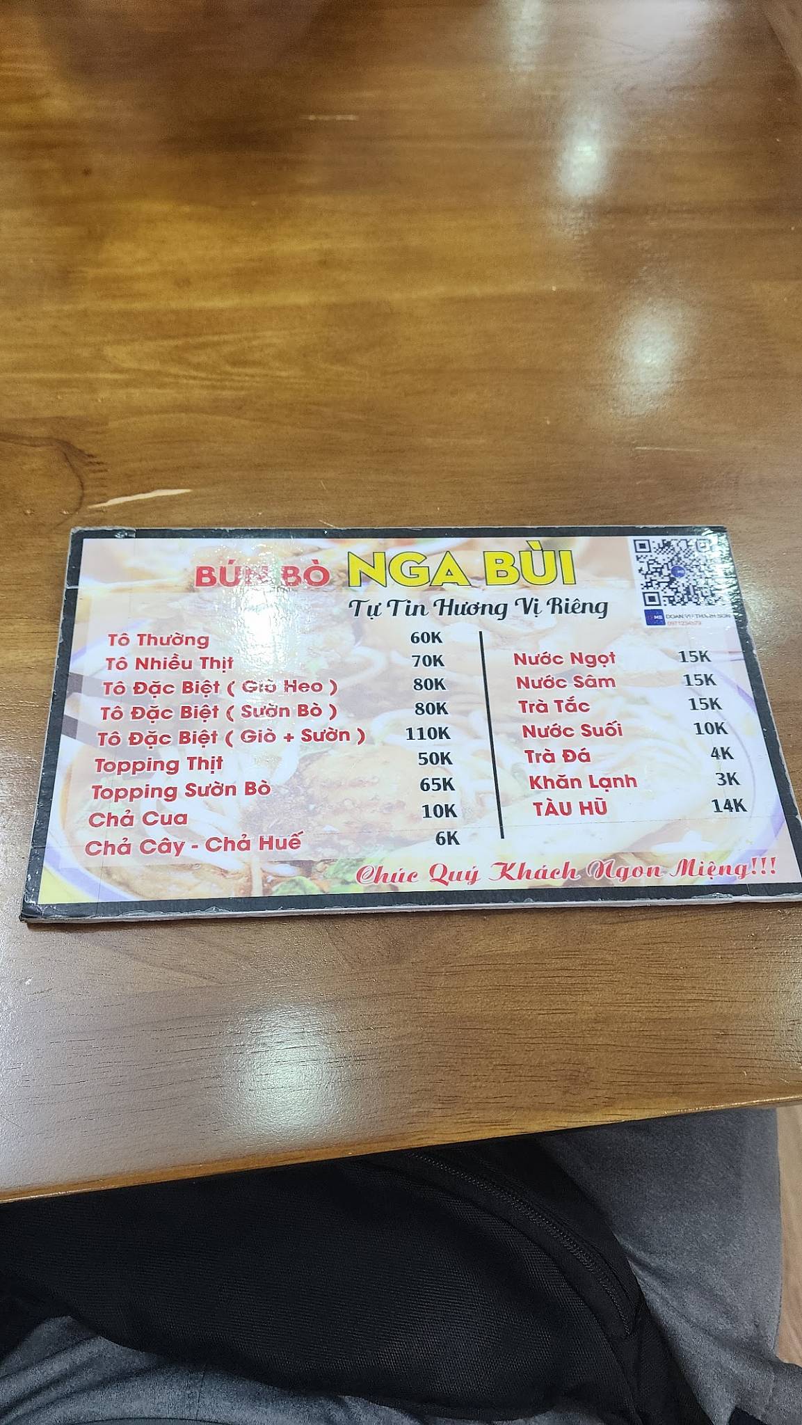 Menu at Nga Bui Beef Noodle restaurant, Ho Chi Minh City