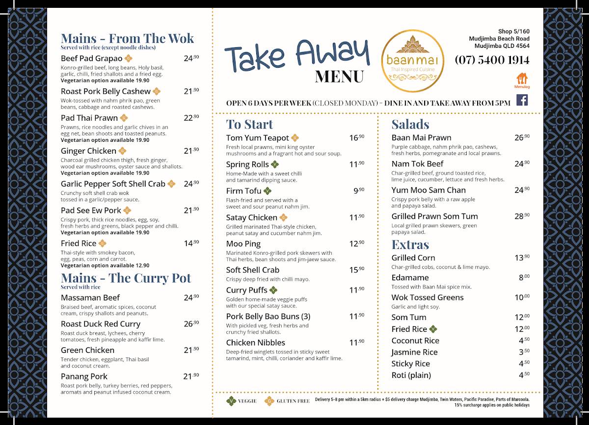 Menu at Baan Mai restaurant, Mudjimba