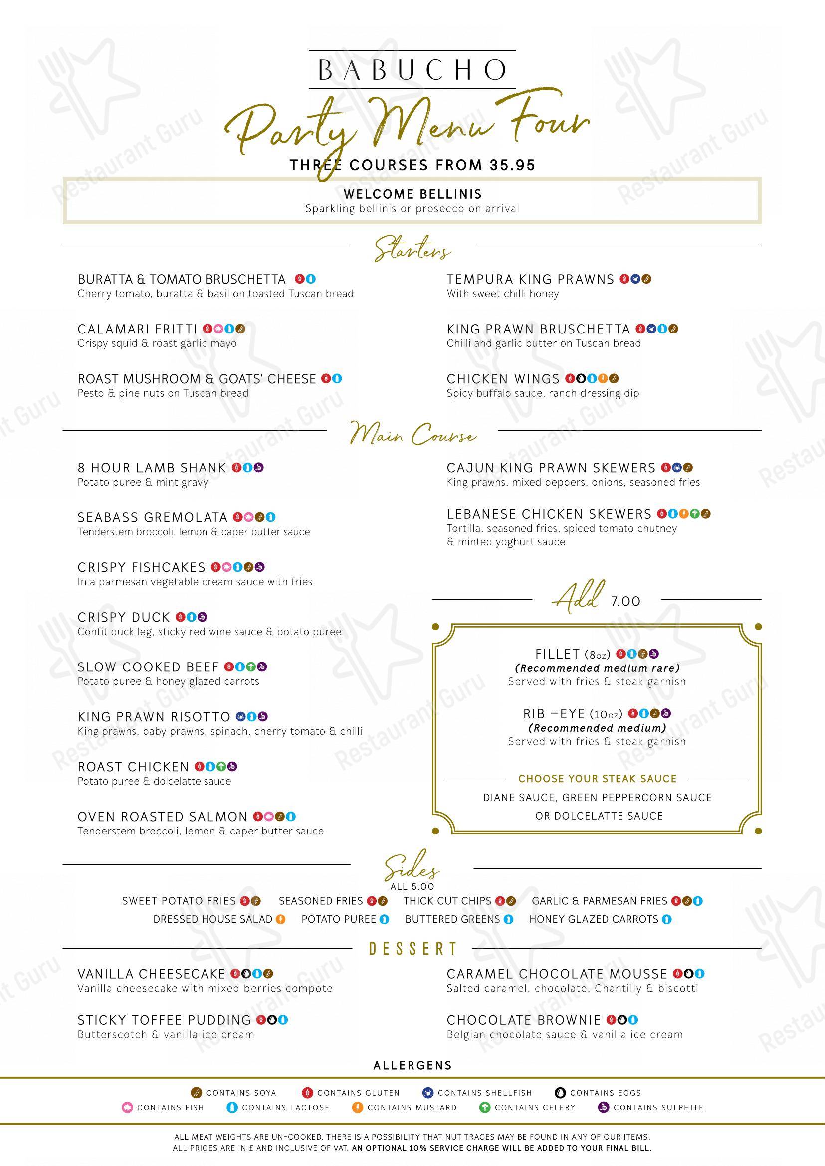 Menu at Babucho Quayside restaurant, Newcastle upon Tyne, Lower