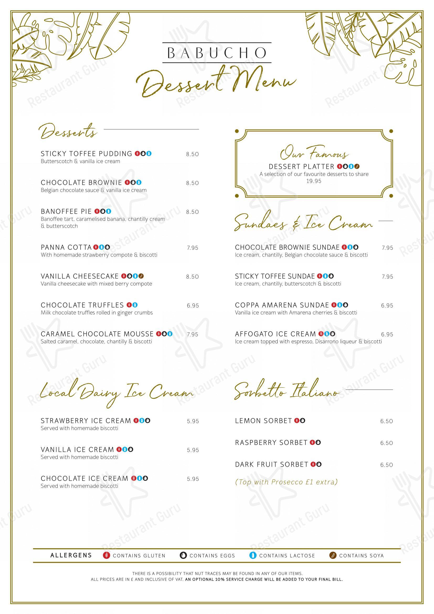 Menu at Babucho Quayside restaurant, Newcastle upon Tyne, Lower