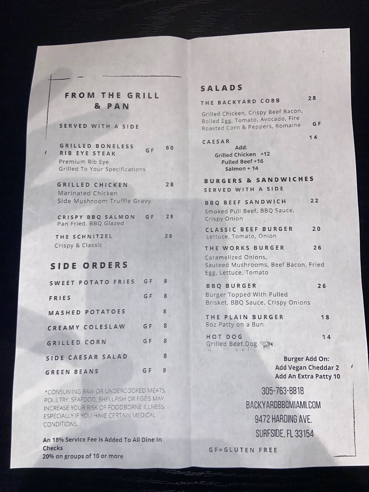 Menu at Backyard BBQ & Brew, Surfside