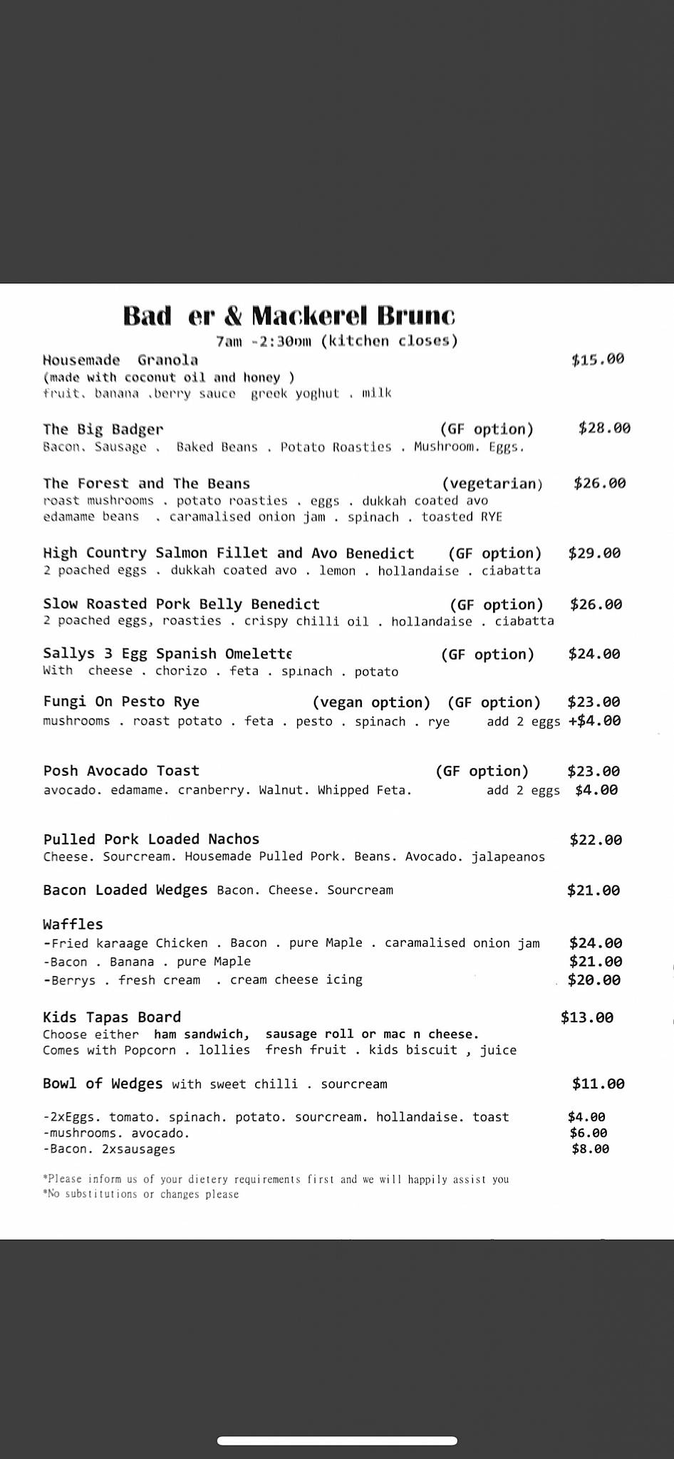 Menu at Badger & Mackerel Messhall Espresso cafe, Oamaru