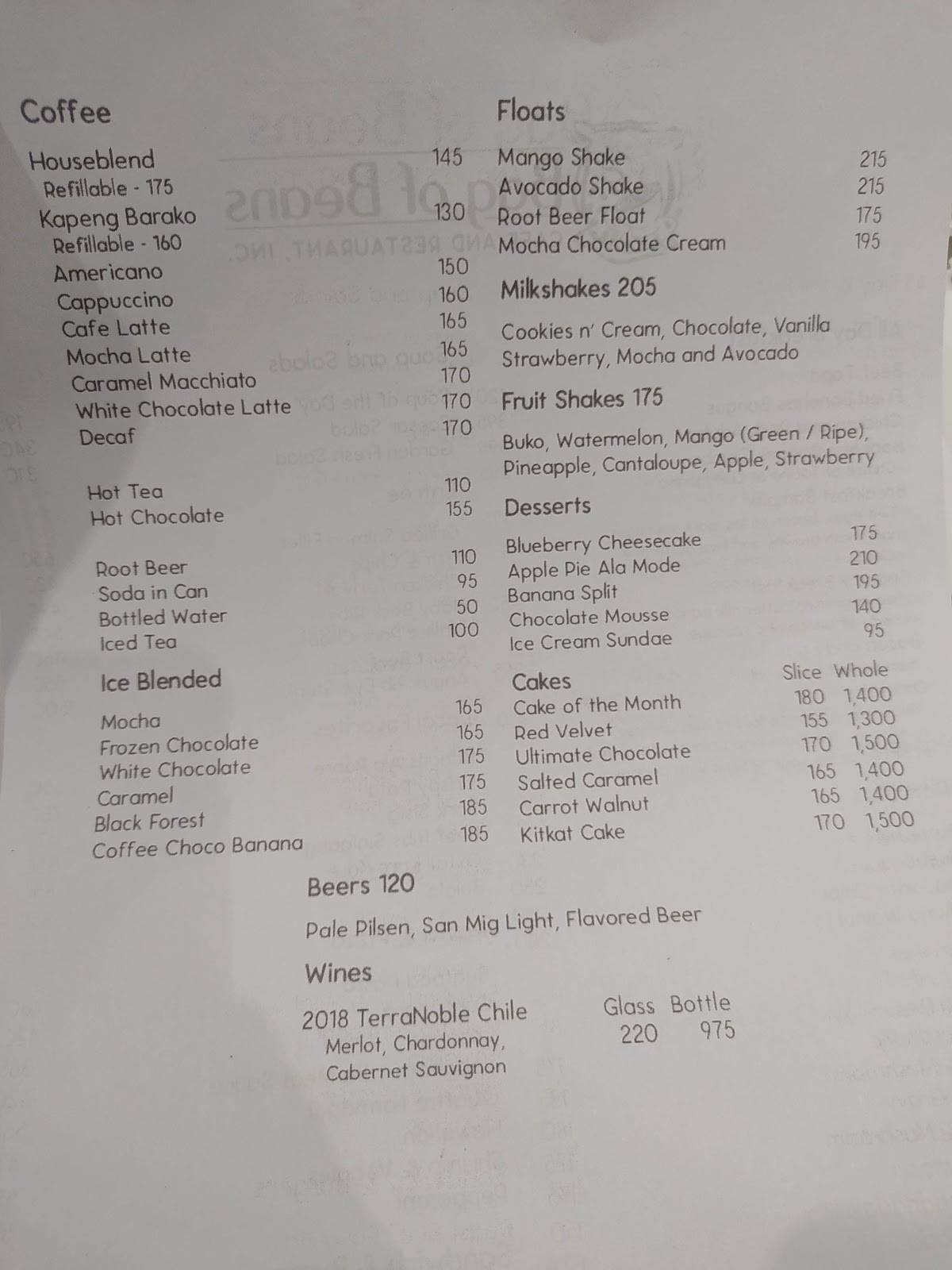 Menu at Bag of Beans Athena Branch restaurant, Tagaytay, Gen. E