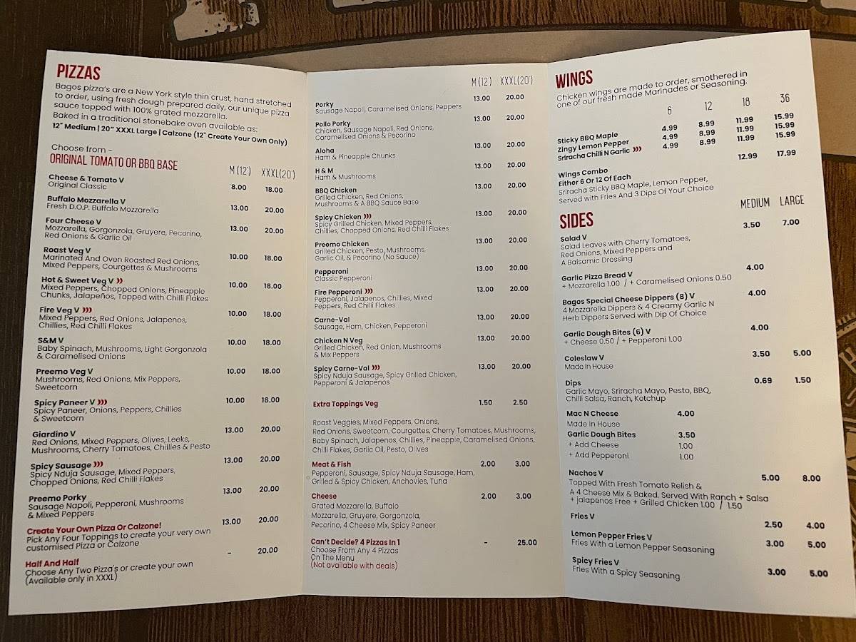 Menu at Bagos Pizza pizzeria, Lutterworth