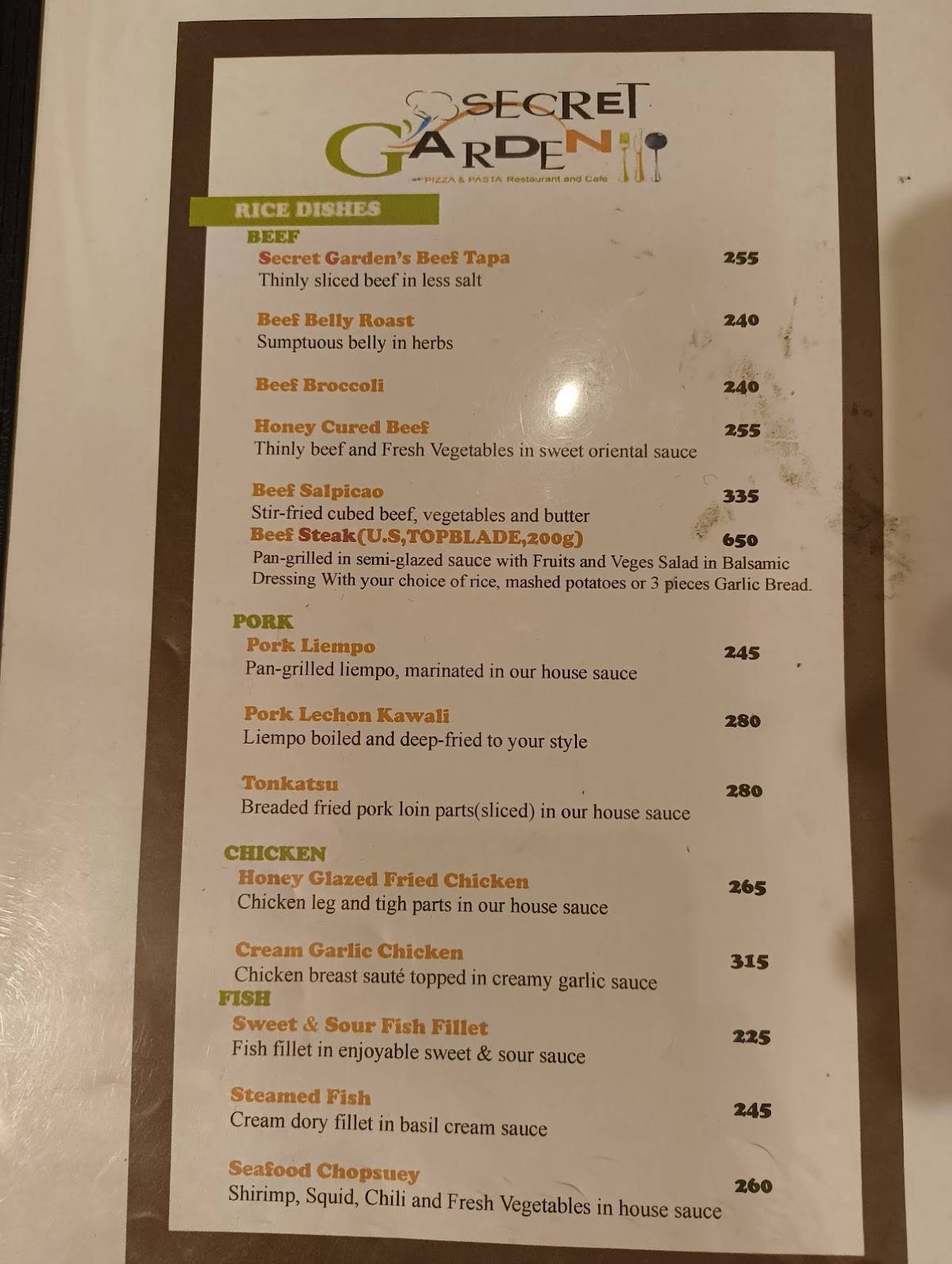 Menu at Secret Garden restaurant, Baguio