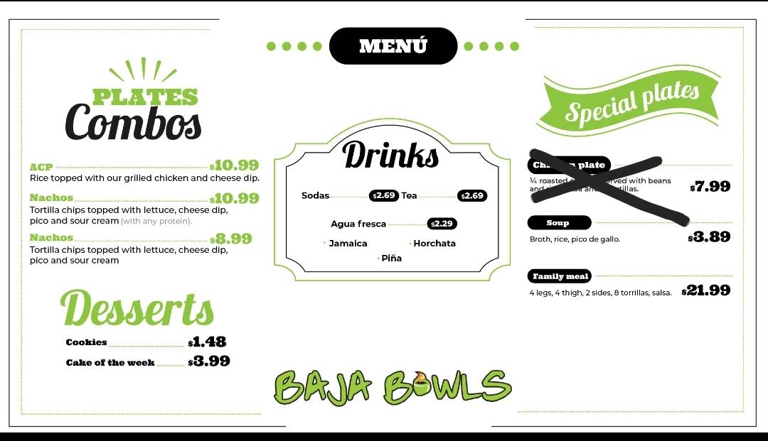 Menu at Baja Bowls restaurant, Asheboro