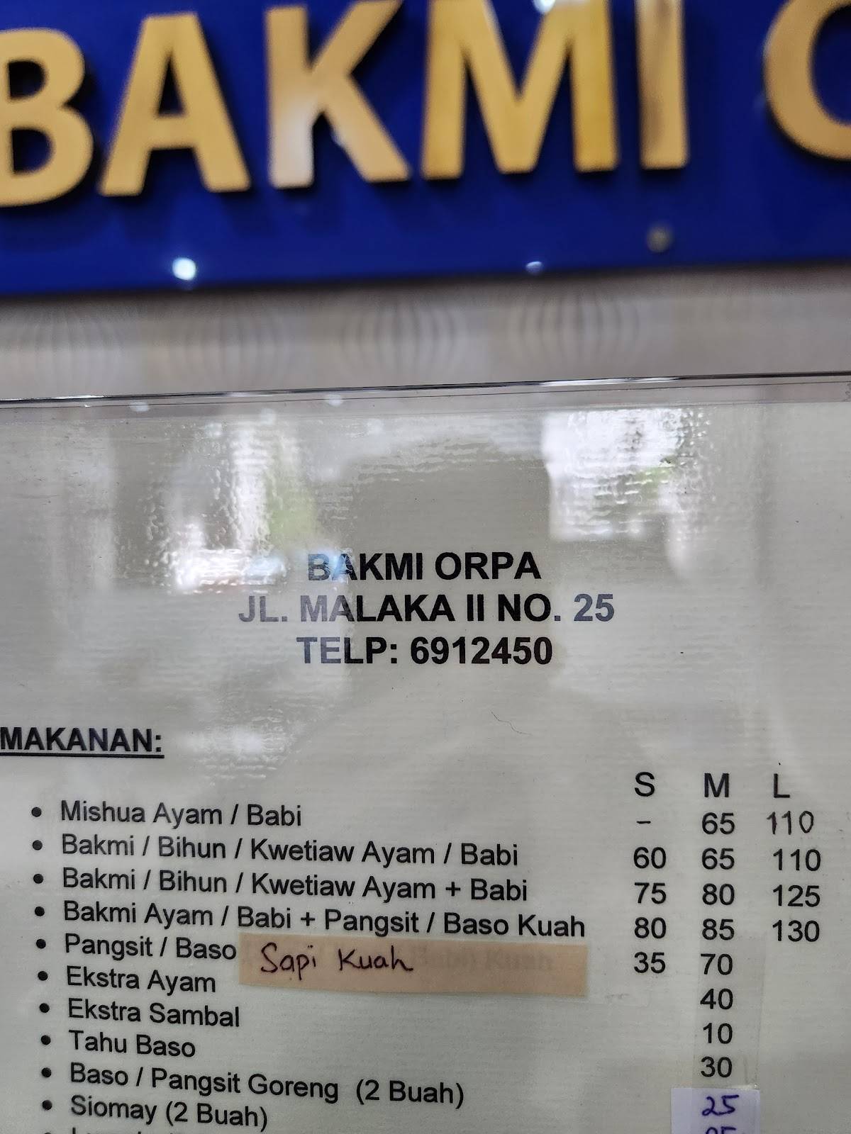 Menu at Bakmi Orpa fast food, West Jakarta, Jl. Malaka II No.25
