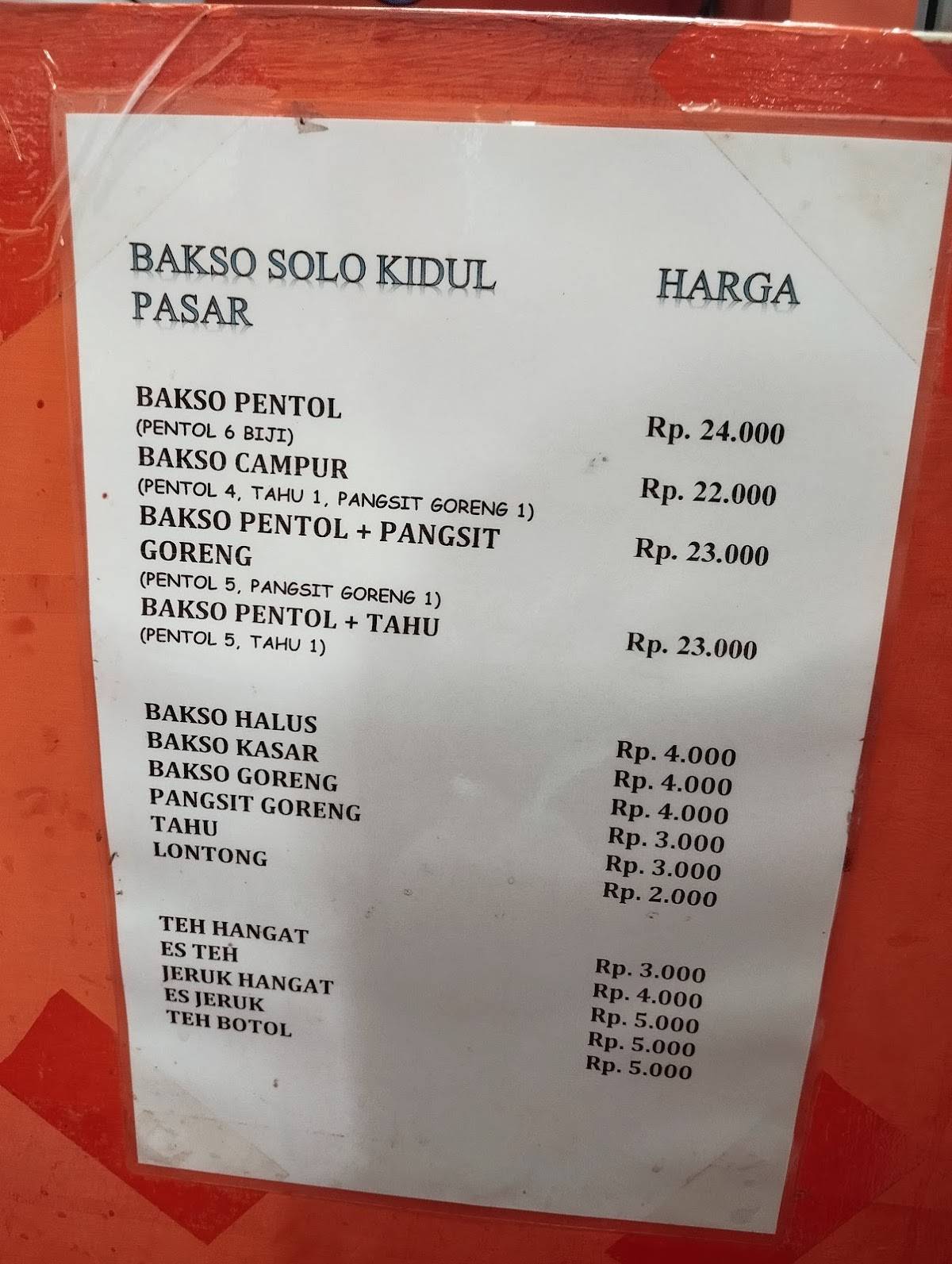 Carta del restaurante Bakso Solo Kidul Pasar, Malang, Jl. Halmahera No.12A