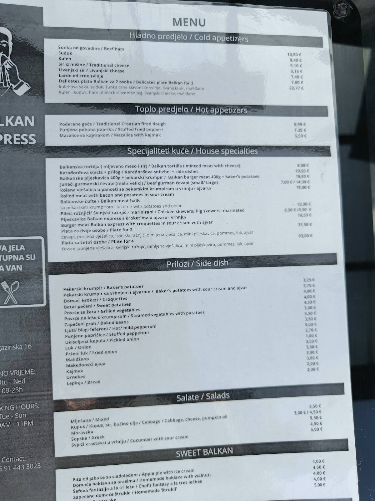 Menu at Balkan express Zagreb restaurant, Zagreb
