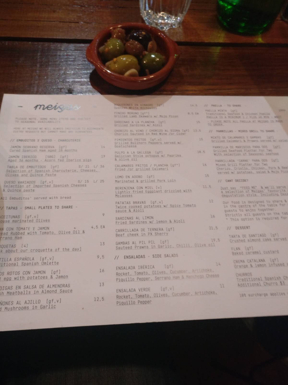 Menu at Meigas restaurant, Ballarat Central