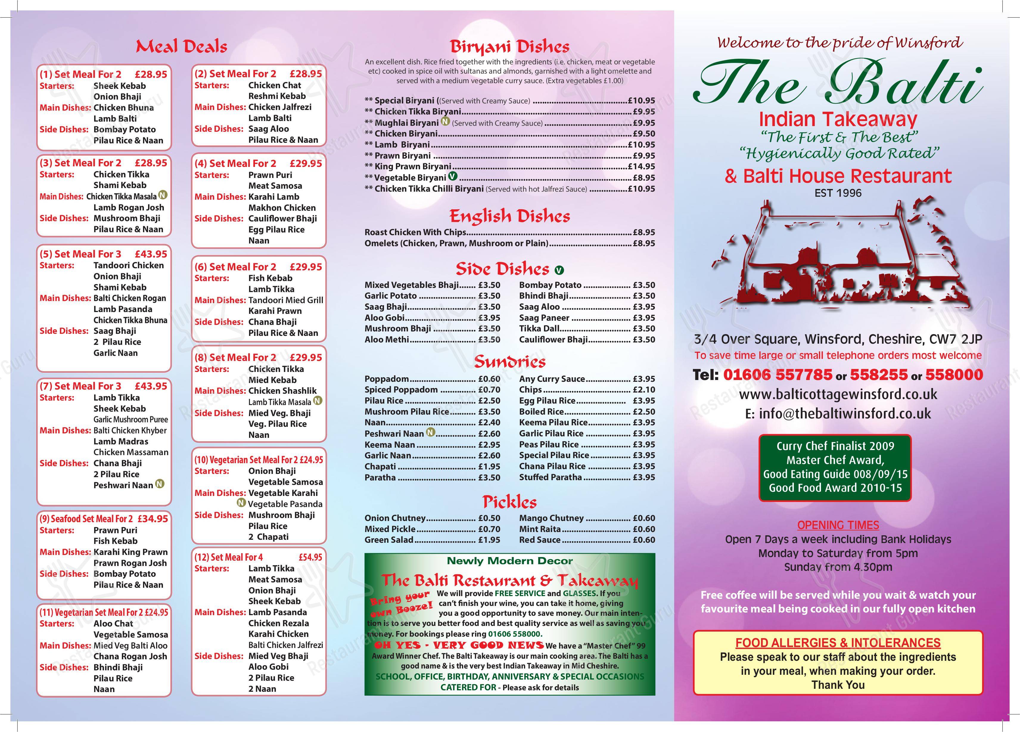 Menu at The Balti Cottage, Winsford fast food, Winsford