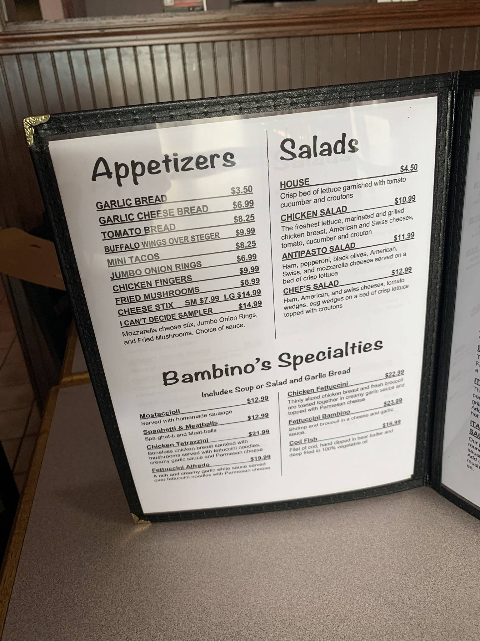 Menu at Bambino's Family Restaurant, Steger