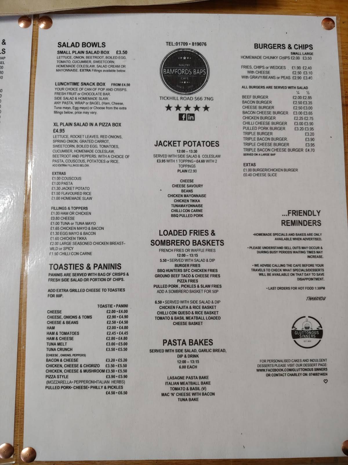 Menu at Bamfords Baps Cafe, Braithwell