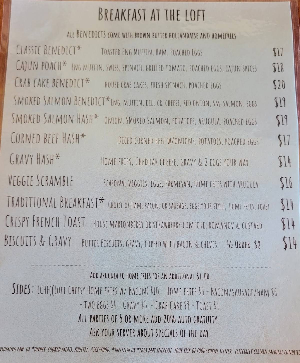 Menu at The Loft Restaurant and Bar, Bandon