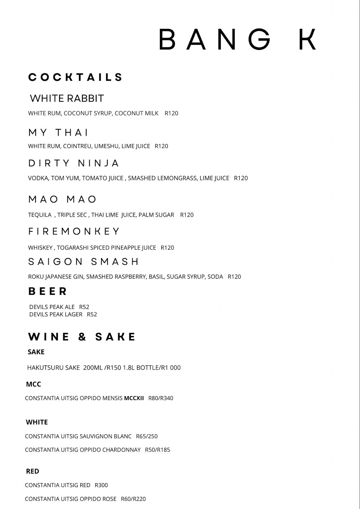 Menu at Bang K restaurant, Cape Town
