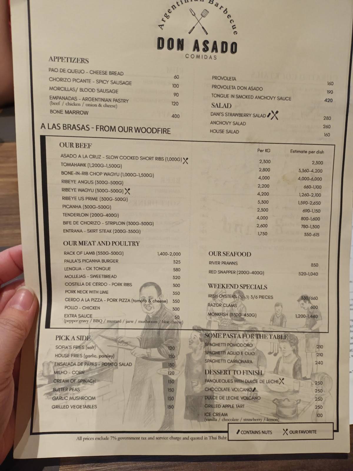Carta del restaurante Don Asado, Bangkok