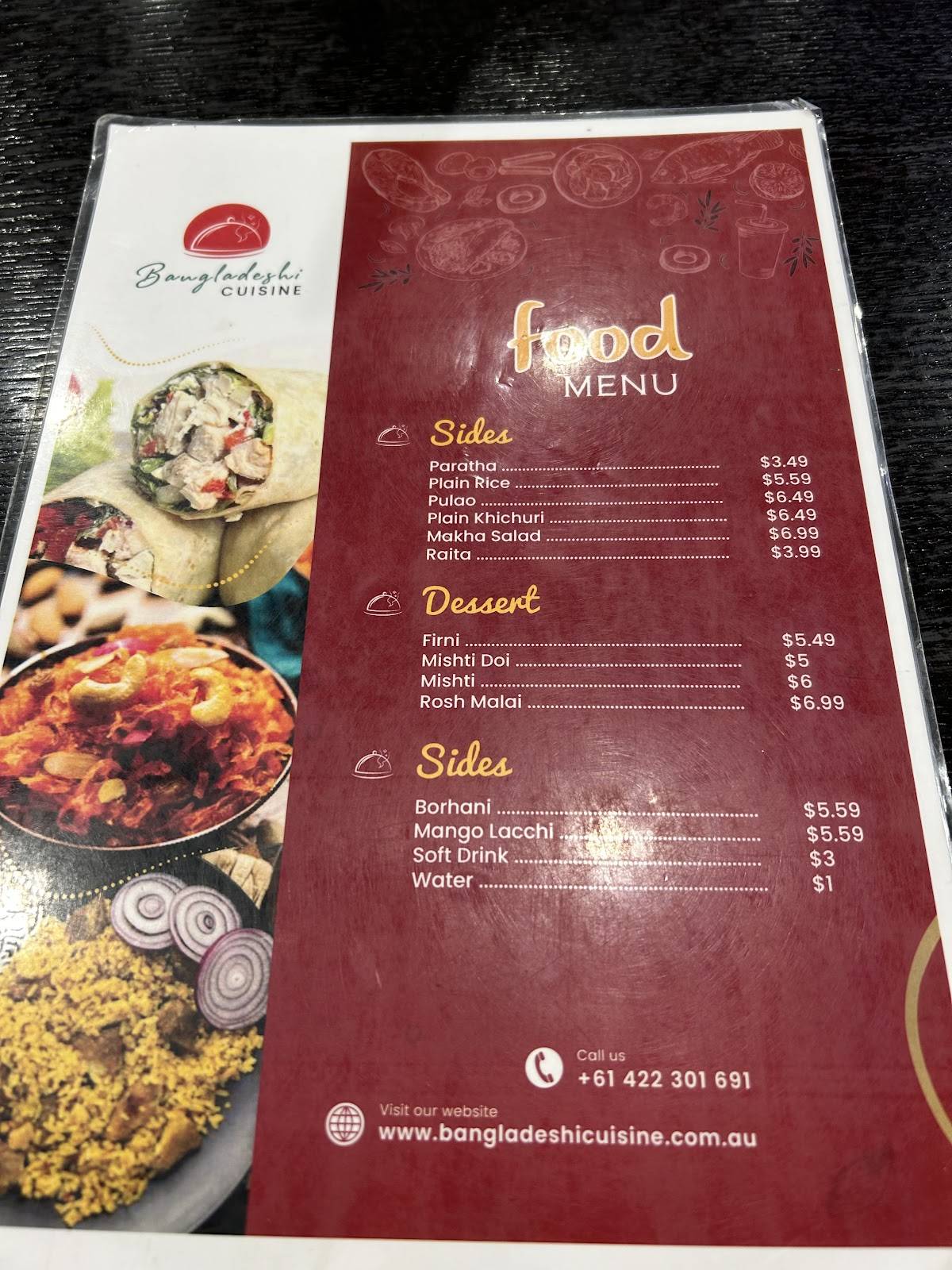 Menu at Bangladeshi Cuisine restaurant, Springvale