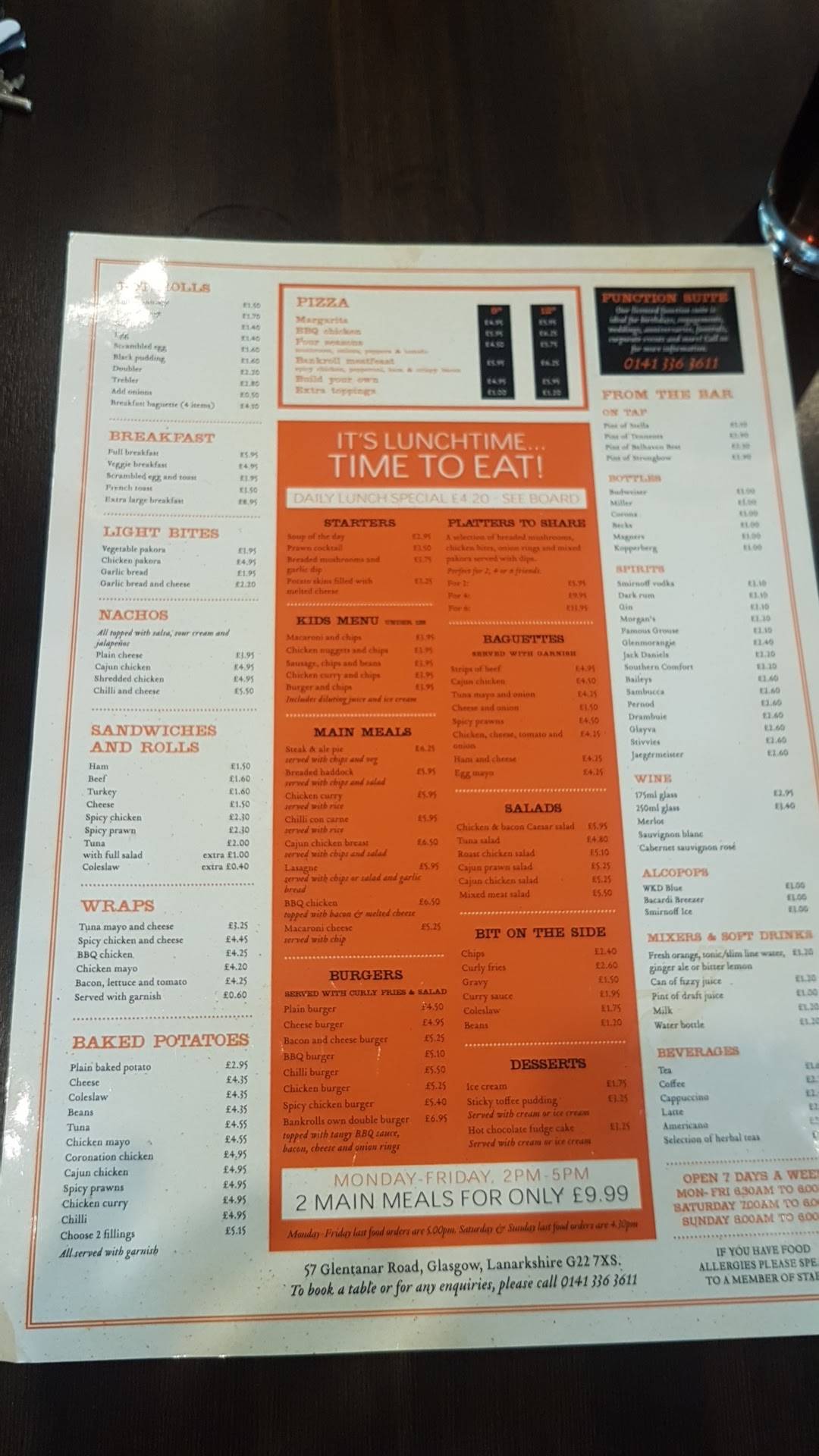 Menu at Bank Roll cafe, Glasgow
