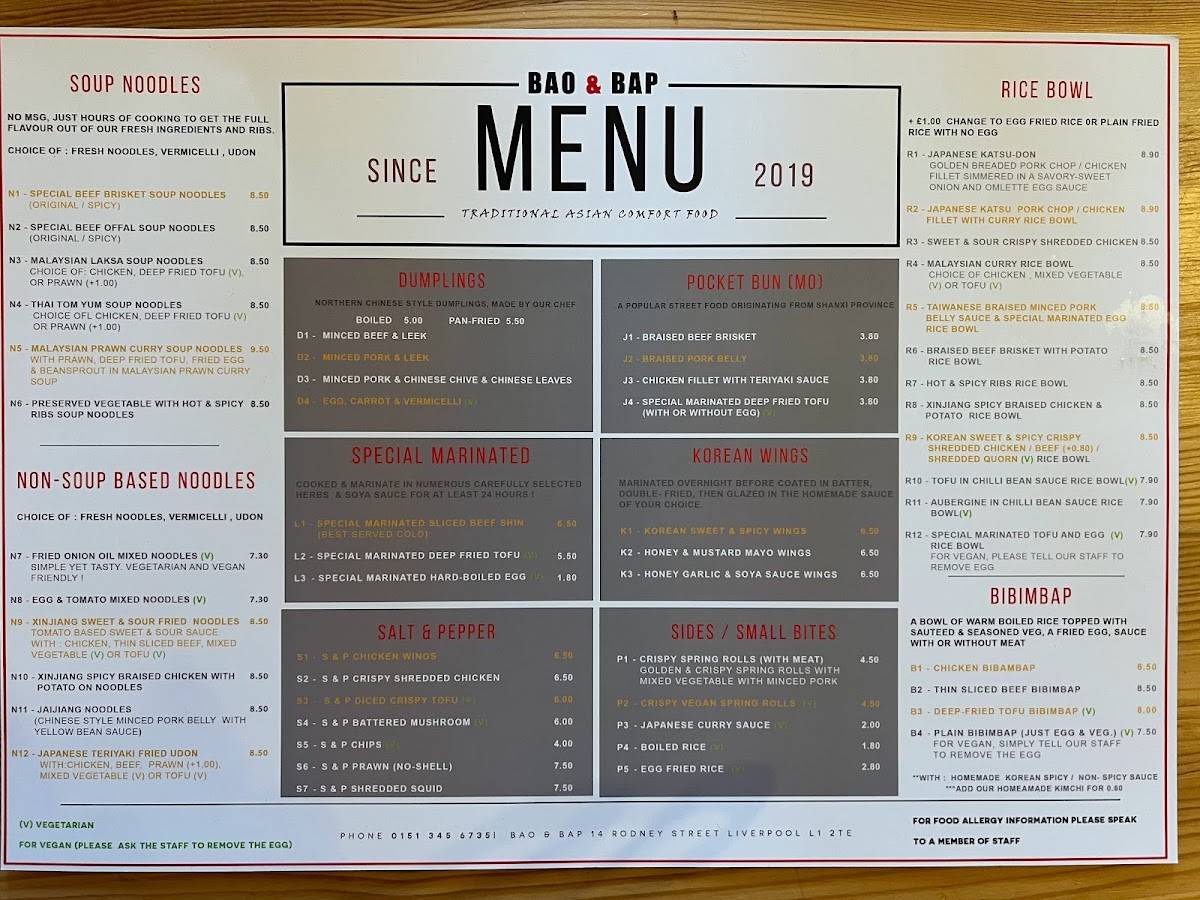 Menu at Bao & Bap restaurant, Liverpool