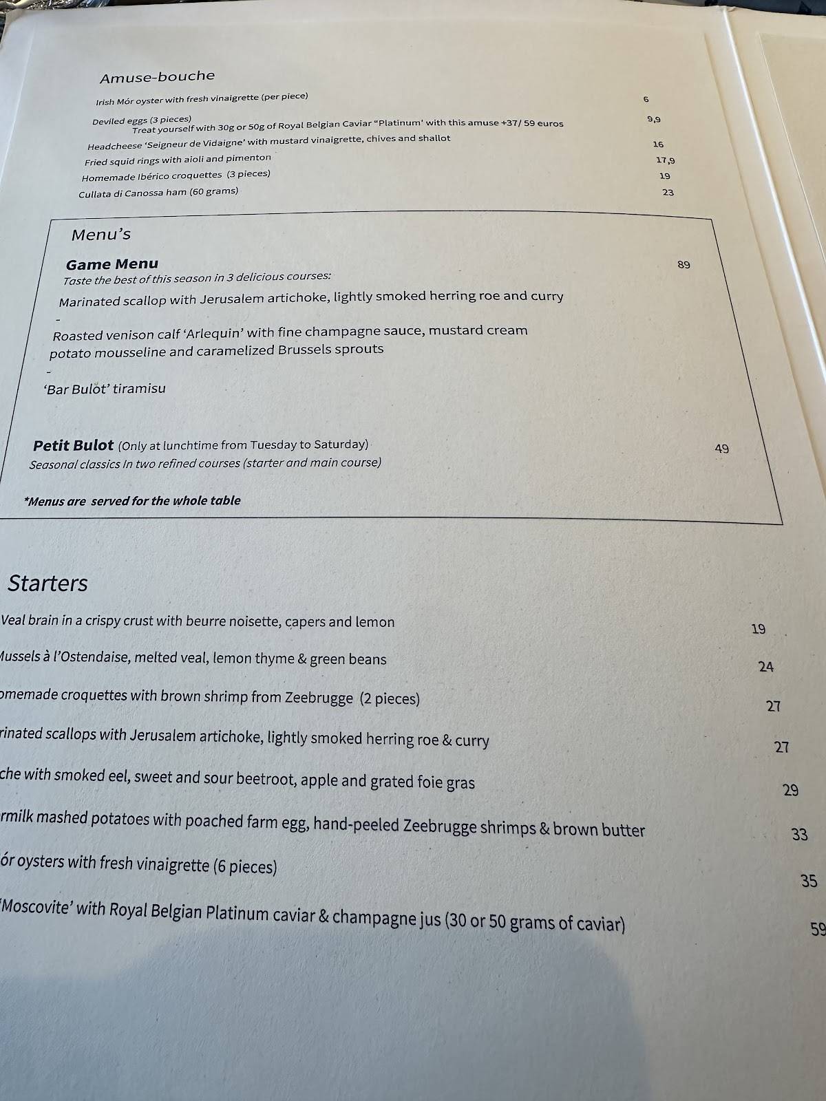 Menu at Bar Bulot Antwerpen, Antwerp