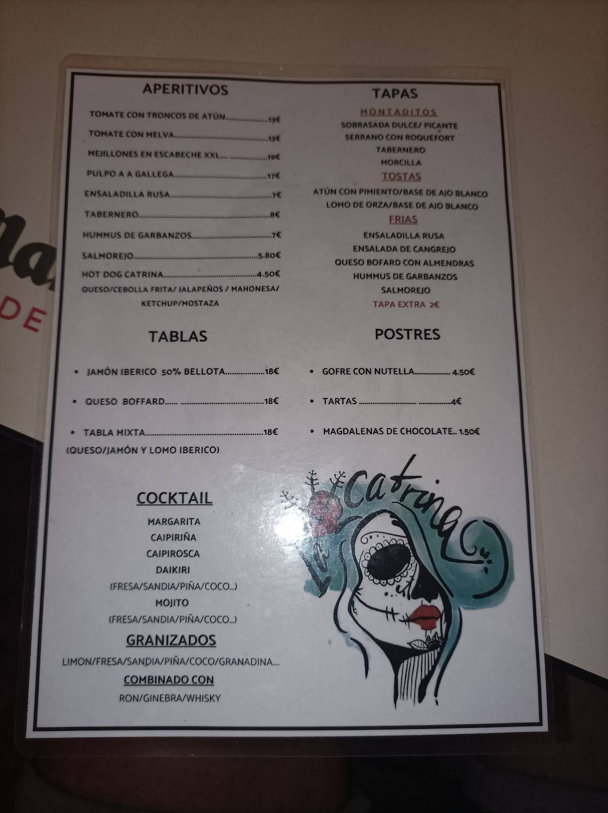 Carta de Bar La Catrina, Cabo de Gata